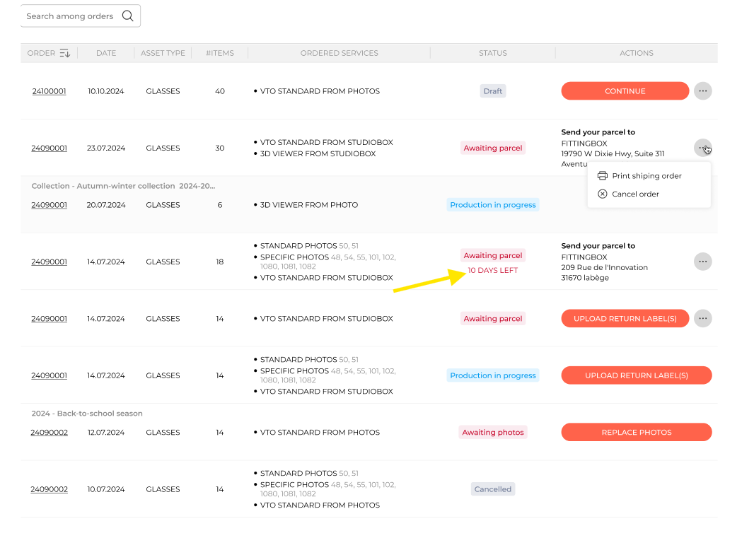 What does the statuses mean on order platform?